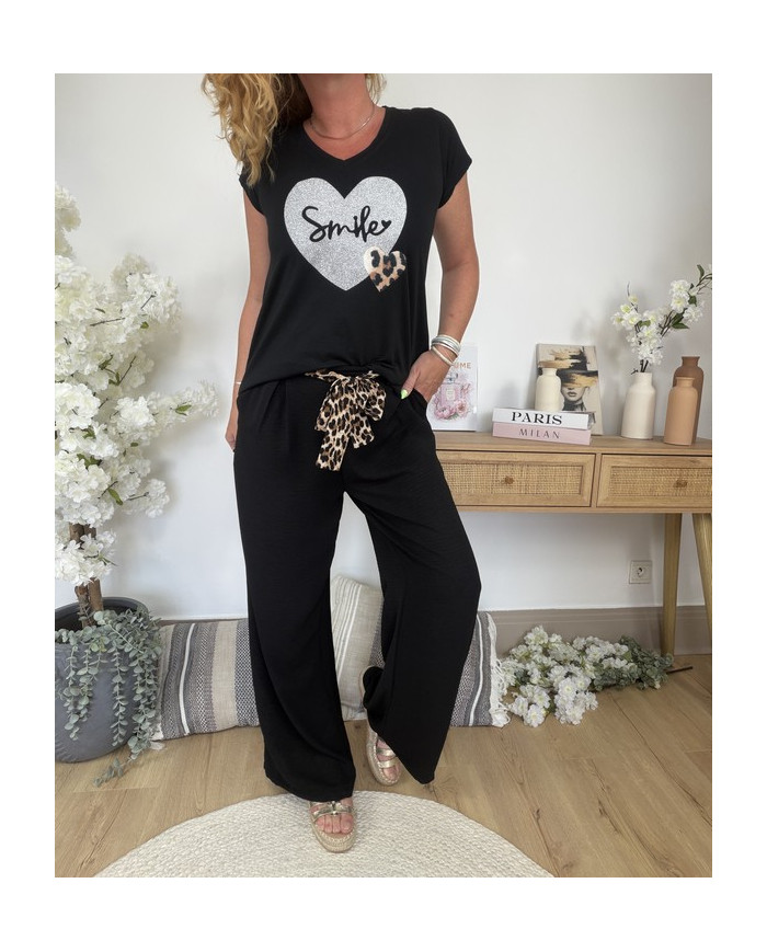 Pantalon fluide noir & ceinture léopard